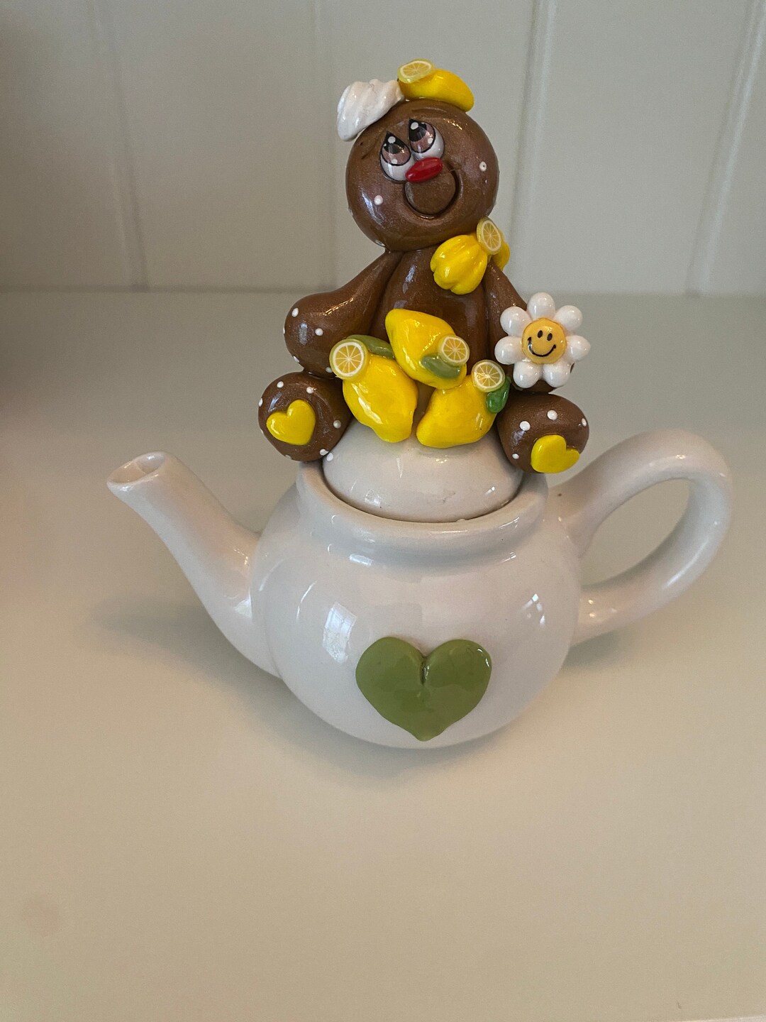 Polymer Clay Gingerbread Man Sitting on a Ceramic Teapot With Lemons - Etsy