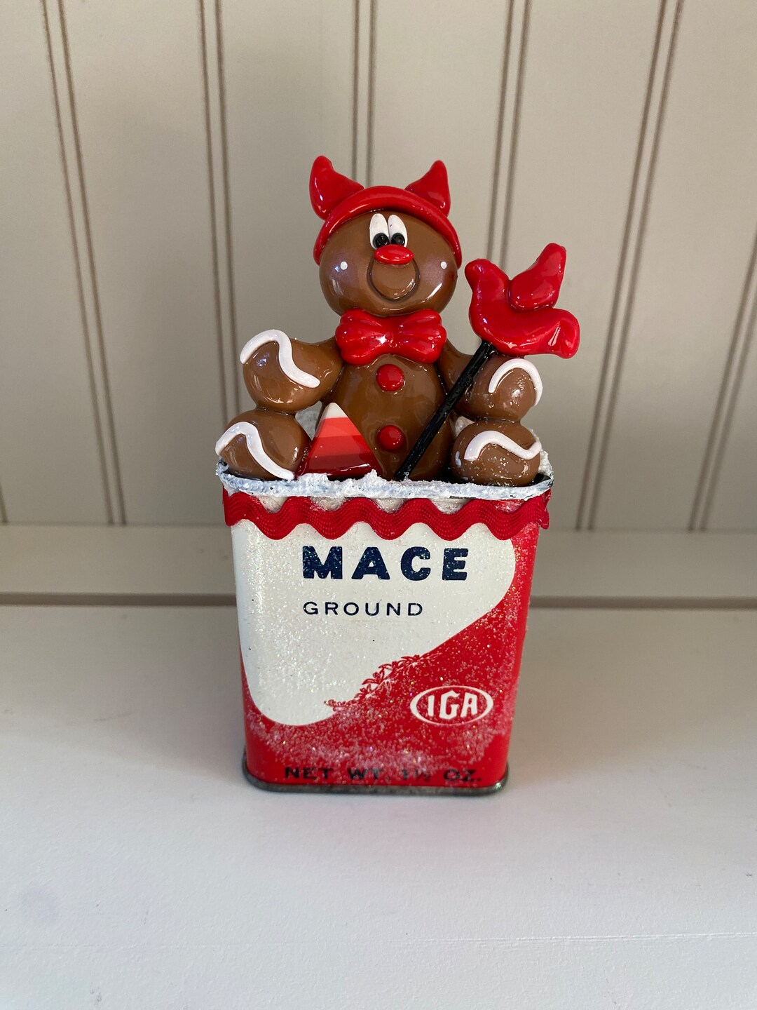 Polymer Clay Devil Gingerbread Man Sitting on a Vintage Mace Spice Tin ...