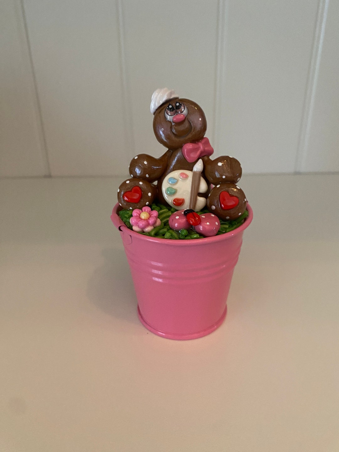 Polymer Clay Gingerbread Man Sitting in a Pink Metal Pail - Etsy