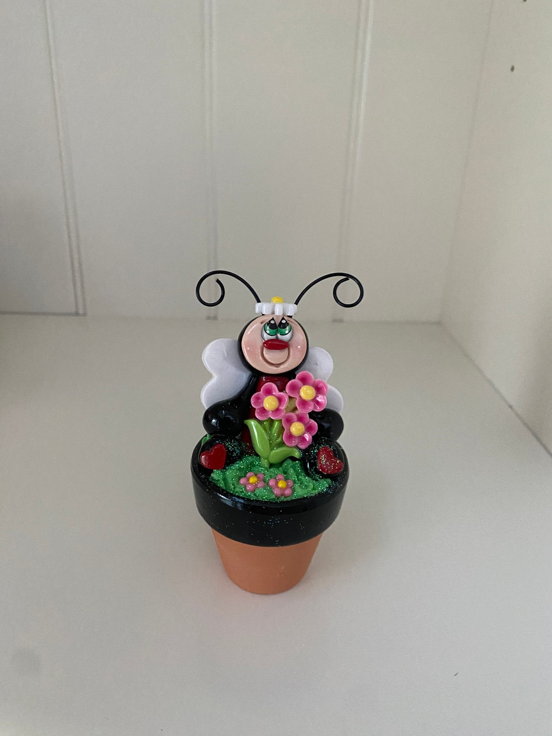 Polymer Clay Lady Bug Sitting in a Terra Cotta Garden Pot With Flowers ...