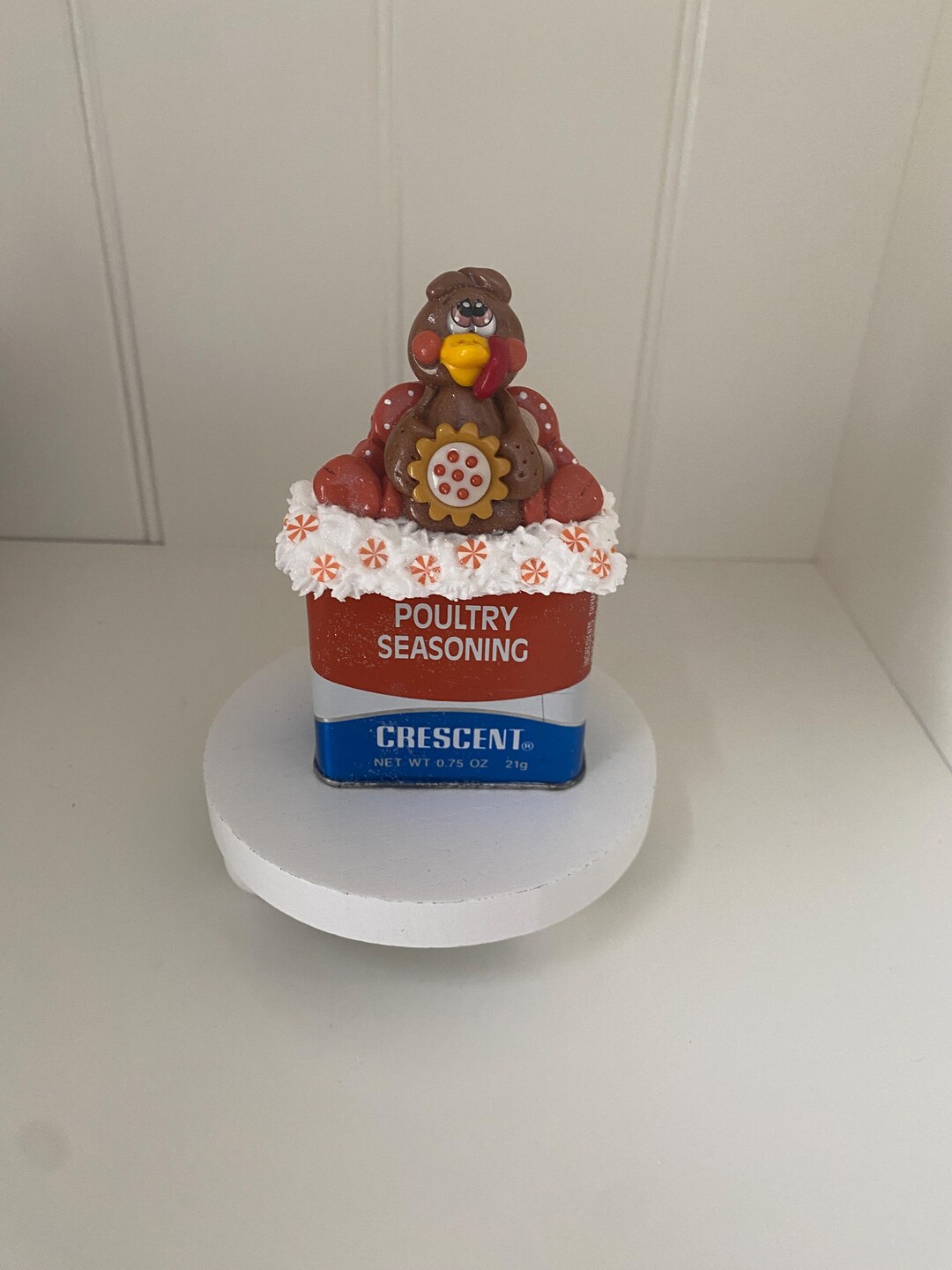 Polymer Clay Thanksgiving Turkey Sitting on a Vintage Metal Spice Tin ...