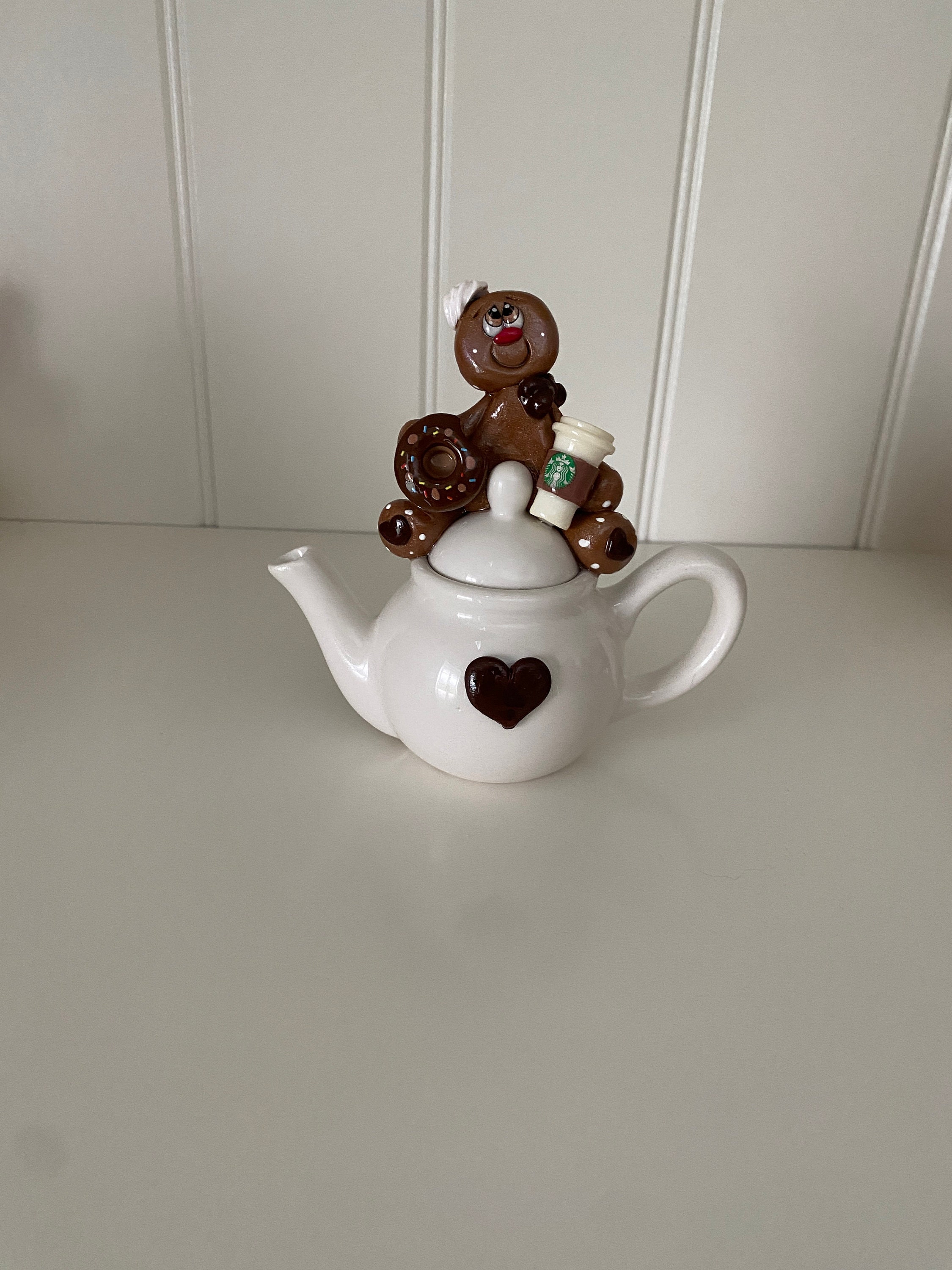 Polymer Clay Gingerbread Man Sitting on a Ceramic Teapot - Etsy