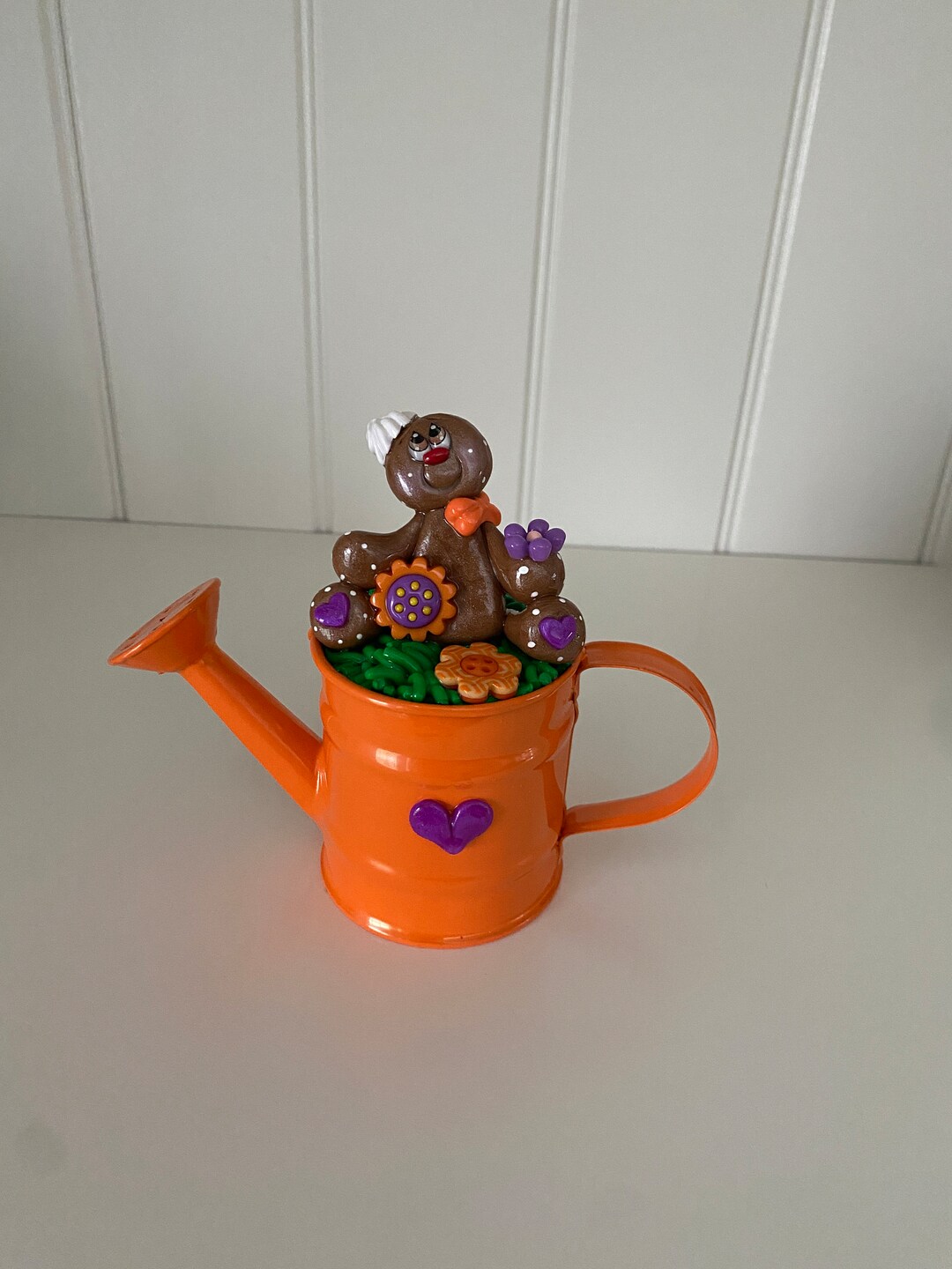Polymer Clay Gingerbread Man Sitting in a Metal Watering Can With ...