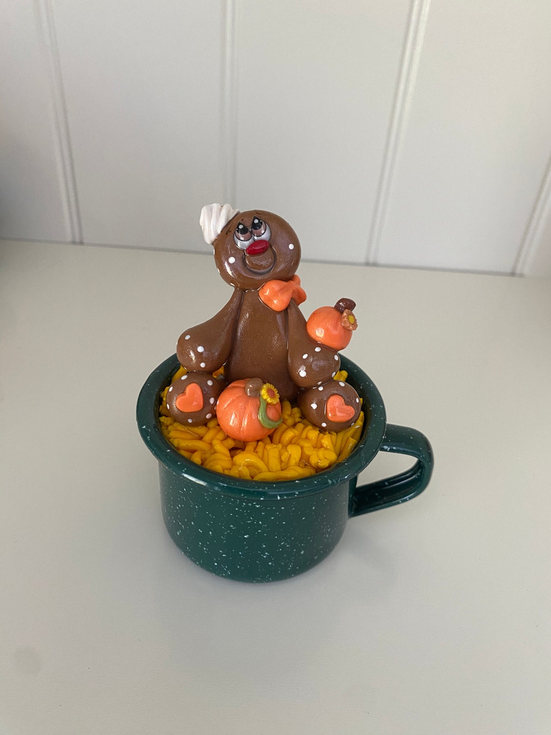 Polymer Clay Gingerbread Man Sitting in a Fall Metal Cup With Pumpkins ...