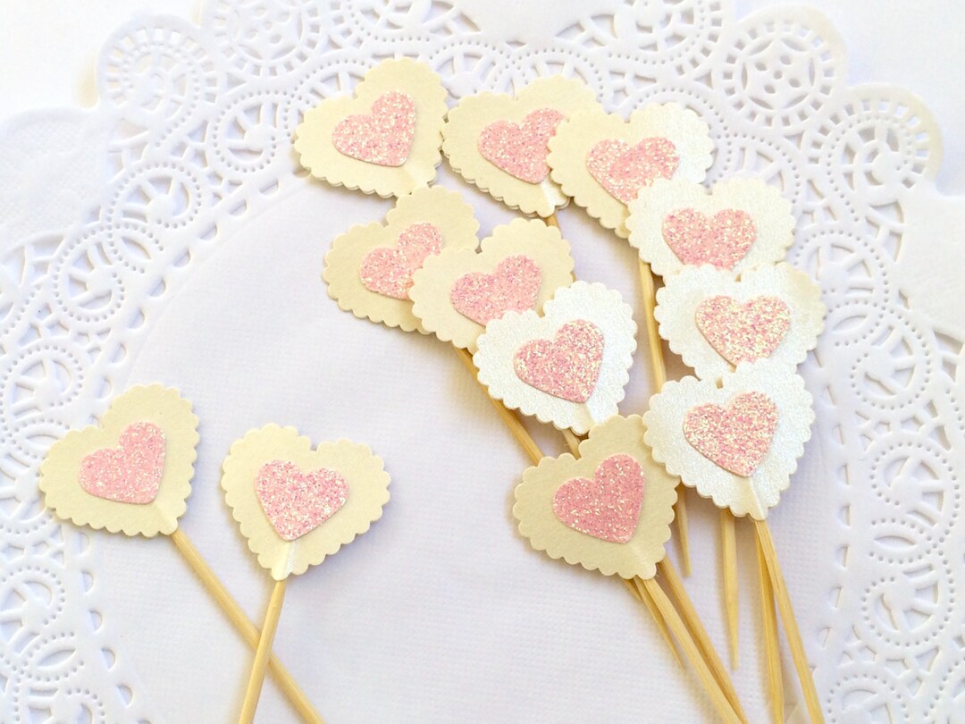 Toppers de cupcakes, toppers de pastel de corazón de marfil y rosa ...