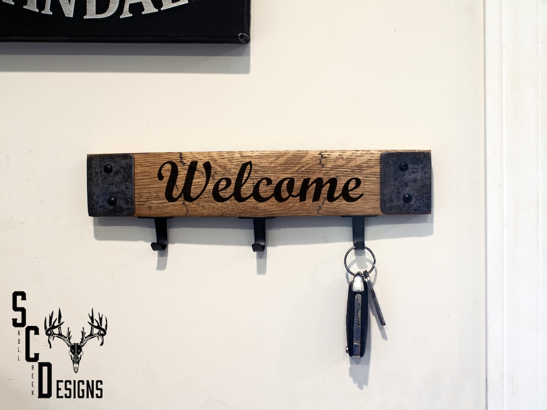 Rustic Welcome Sign Key Holder - Authentic Whiskey Barrel Stave - Laser ...