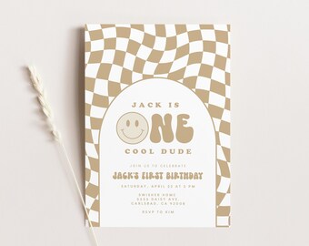 Smiley Face Birthday Invitation One Cool Dude Tan Checker - Etsy