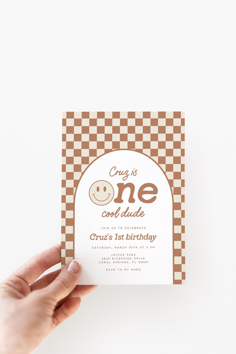 Tan Checkered Birthday Invitation One Cool Dude Smiley Face - Etsy