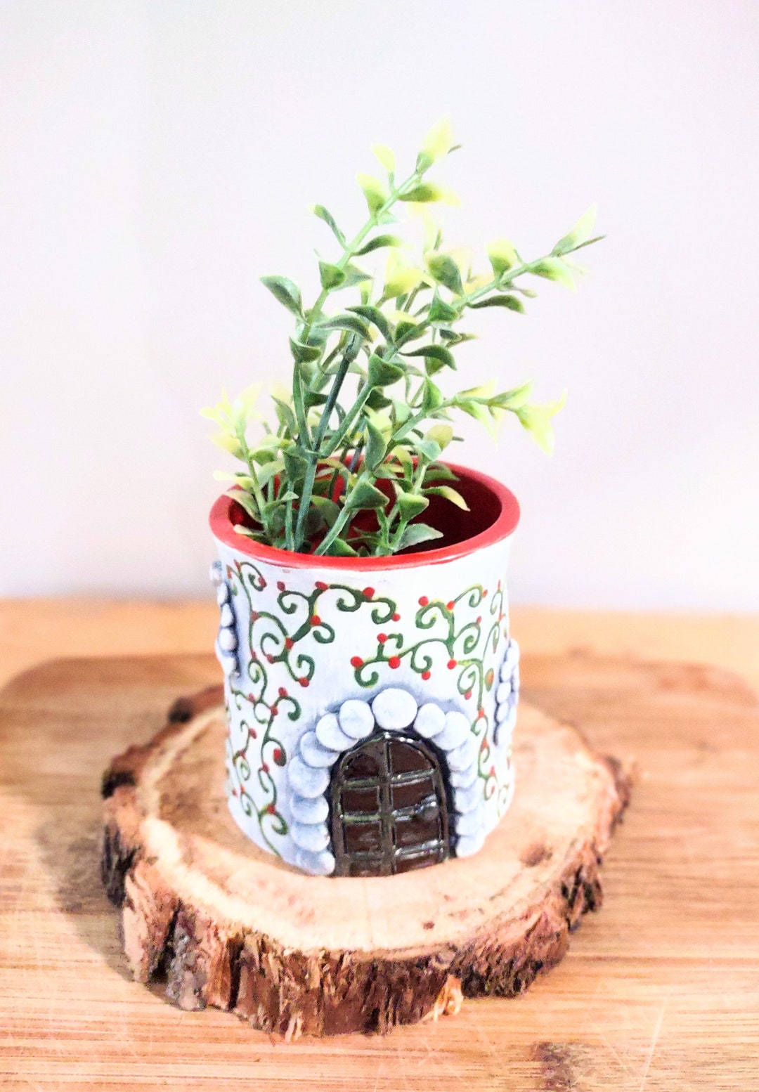 Ceramic Red Gray Succulent Tiny House Planter, Village Planter Handmade ...
