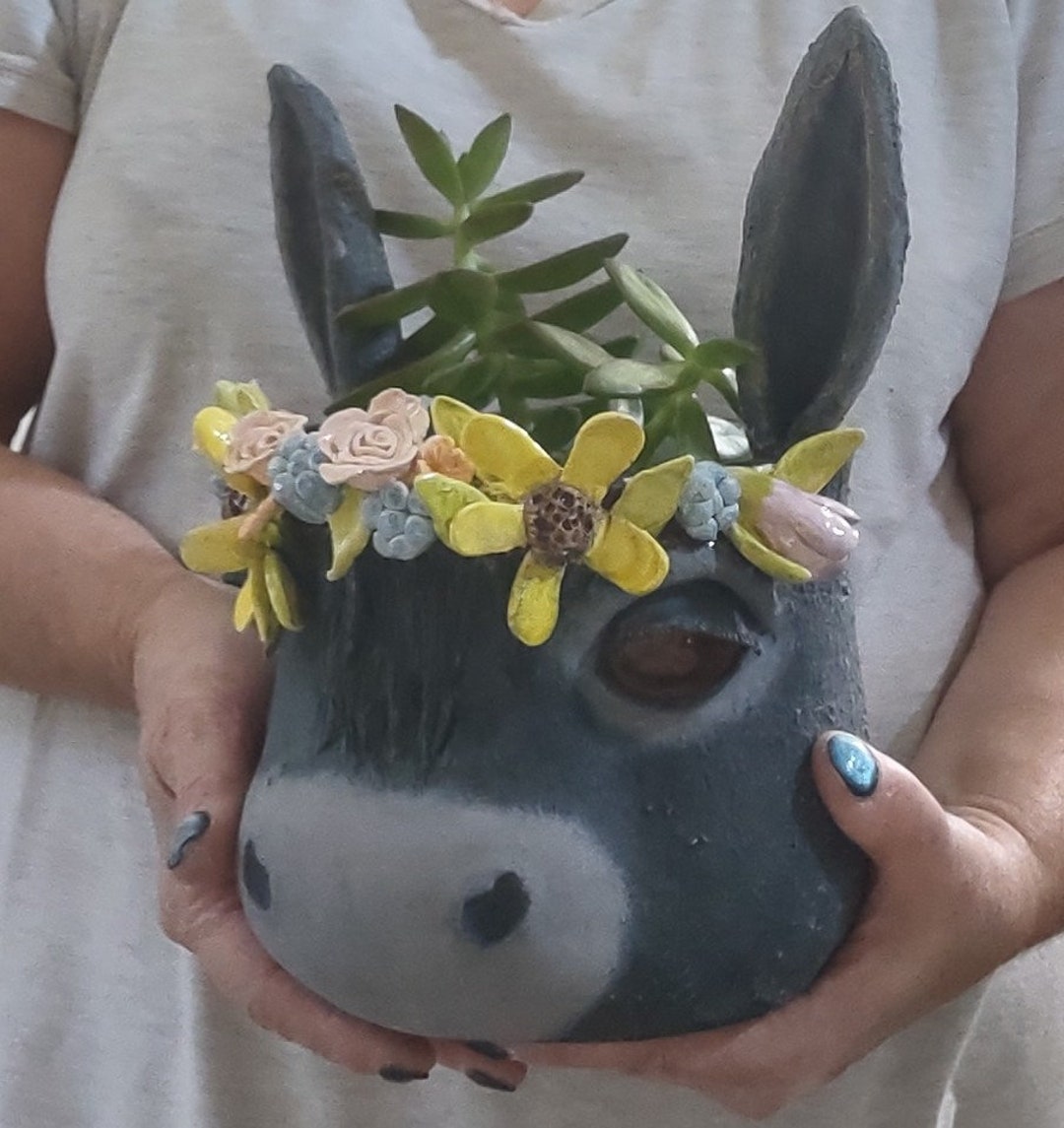 Ceramic Gray Donkey Planter, Hand-sculpted Utensils Crock, Dry Vase ...