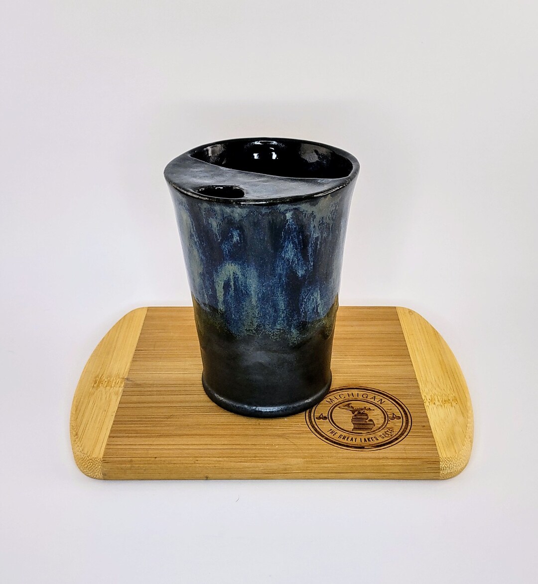 Smaller 8oz Black and Obsidian 5 Ceramic Travel Cup, Mustache Protector ...