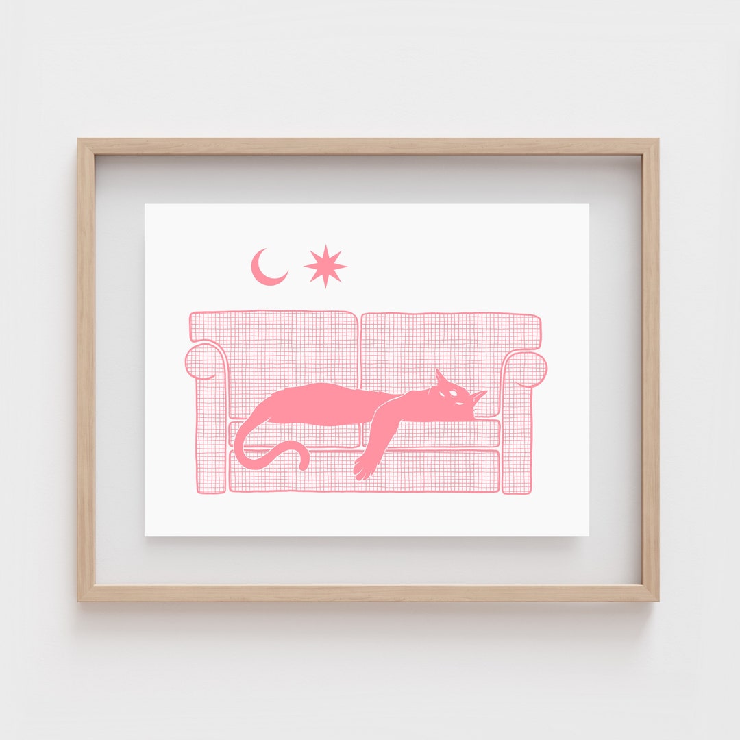 CAT NAP | Pink Cat Art Print | Cat Home Decor | Sleepy Kitty | Lazy Cat ...