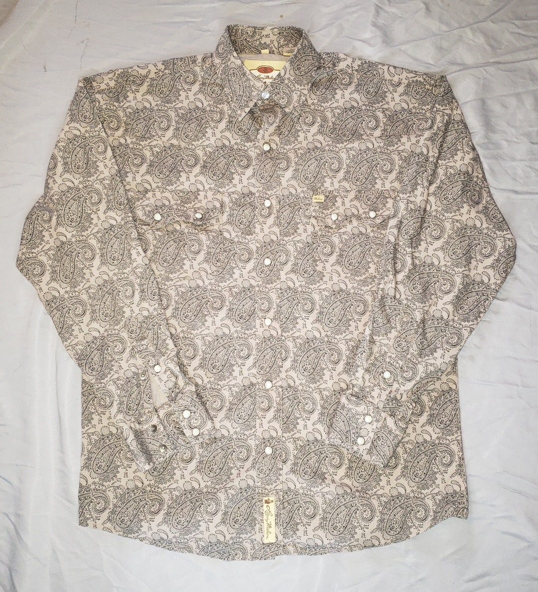 Vintage Larry Mahan Sand W Black Paisley Print Pearl Snaps Western ...