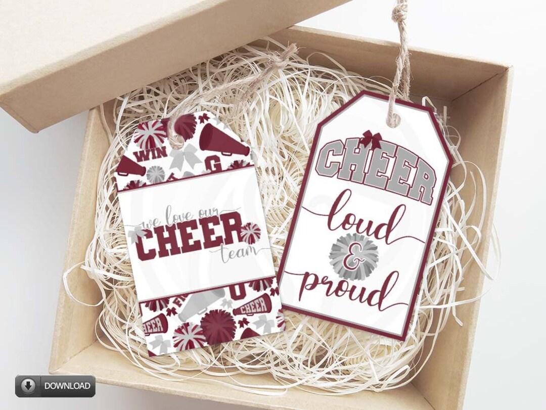 Printable Cheerleading Gift Tags, Maroon Silver Gray Cheer Team Squad ...