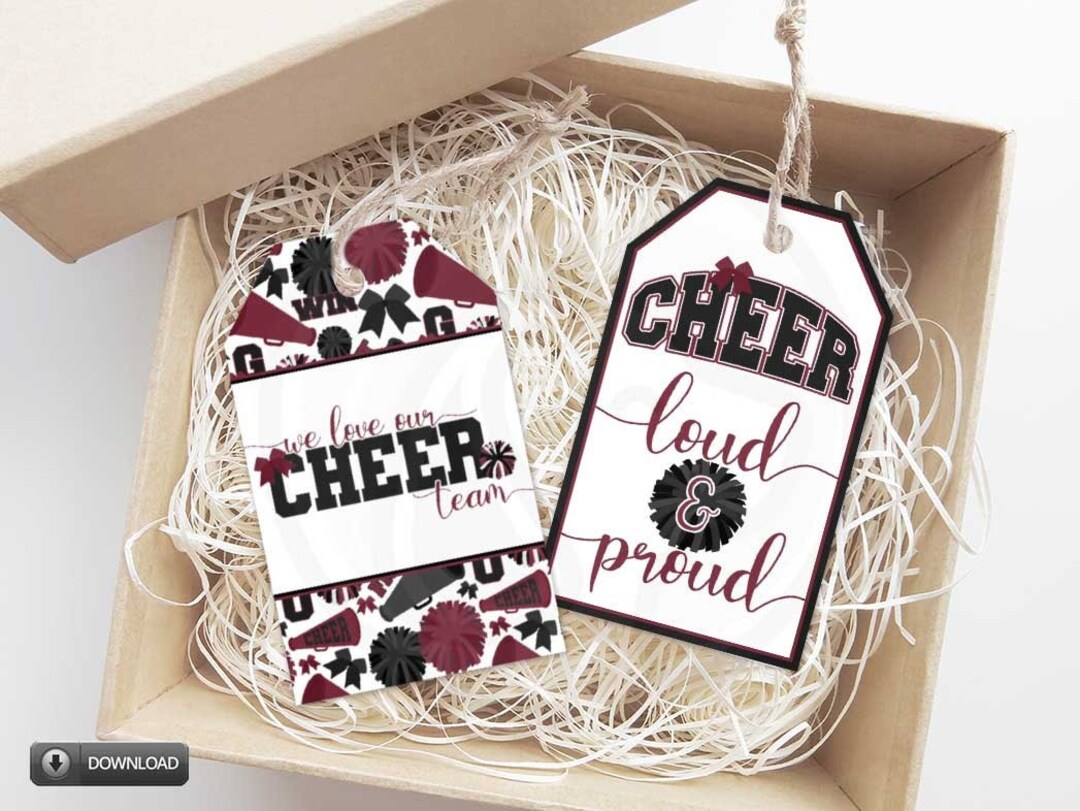 Printable Cheerleading Gift Tags, Burgundy Maroon Black Cheer Team ...