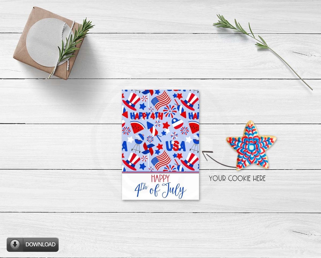 Printable 4th of July Patriotic Cookie Card, Red White Blue 3.5x5 ...