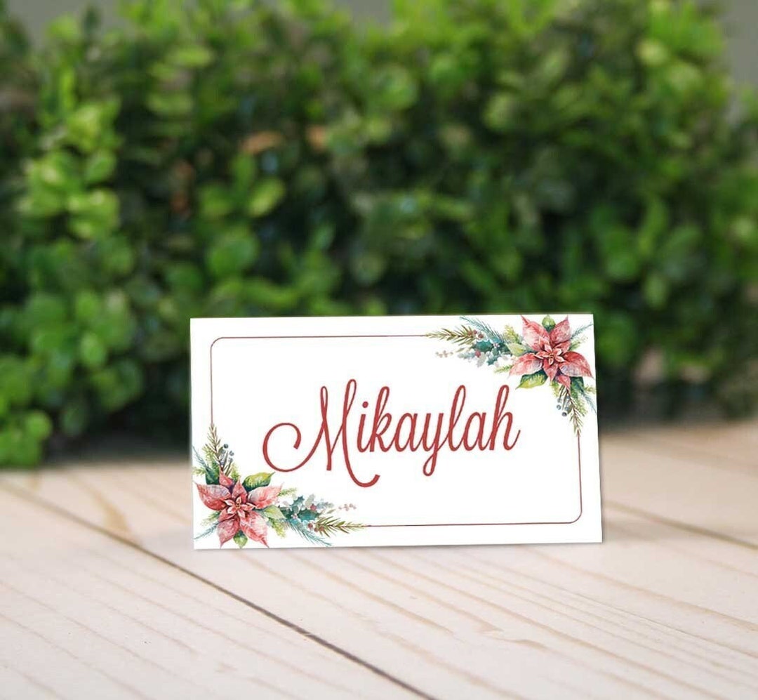 Poinsettia Christmas Place and Tent Cards, Holiday Tent and Food Cards ...