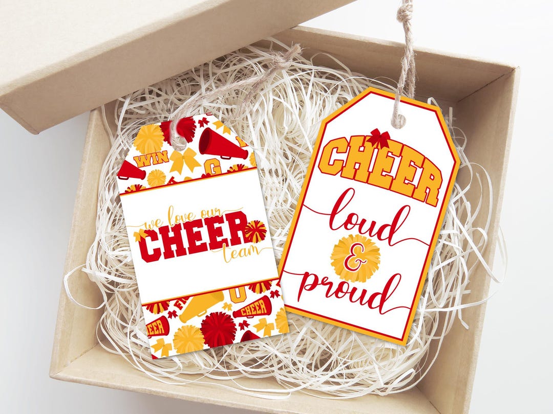 Red Gold Cheerleader Printable Gift Tags, Cheer Team Printable Tags ...