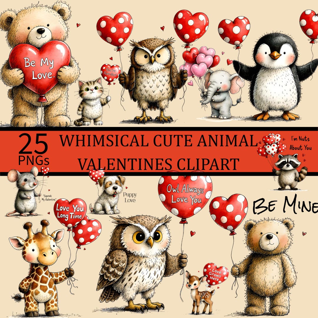 Whimsical Valentines Animals Clipart Bundle, Cute Valentine Animal PNG ...