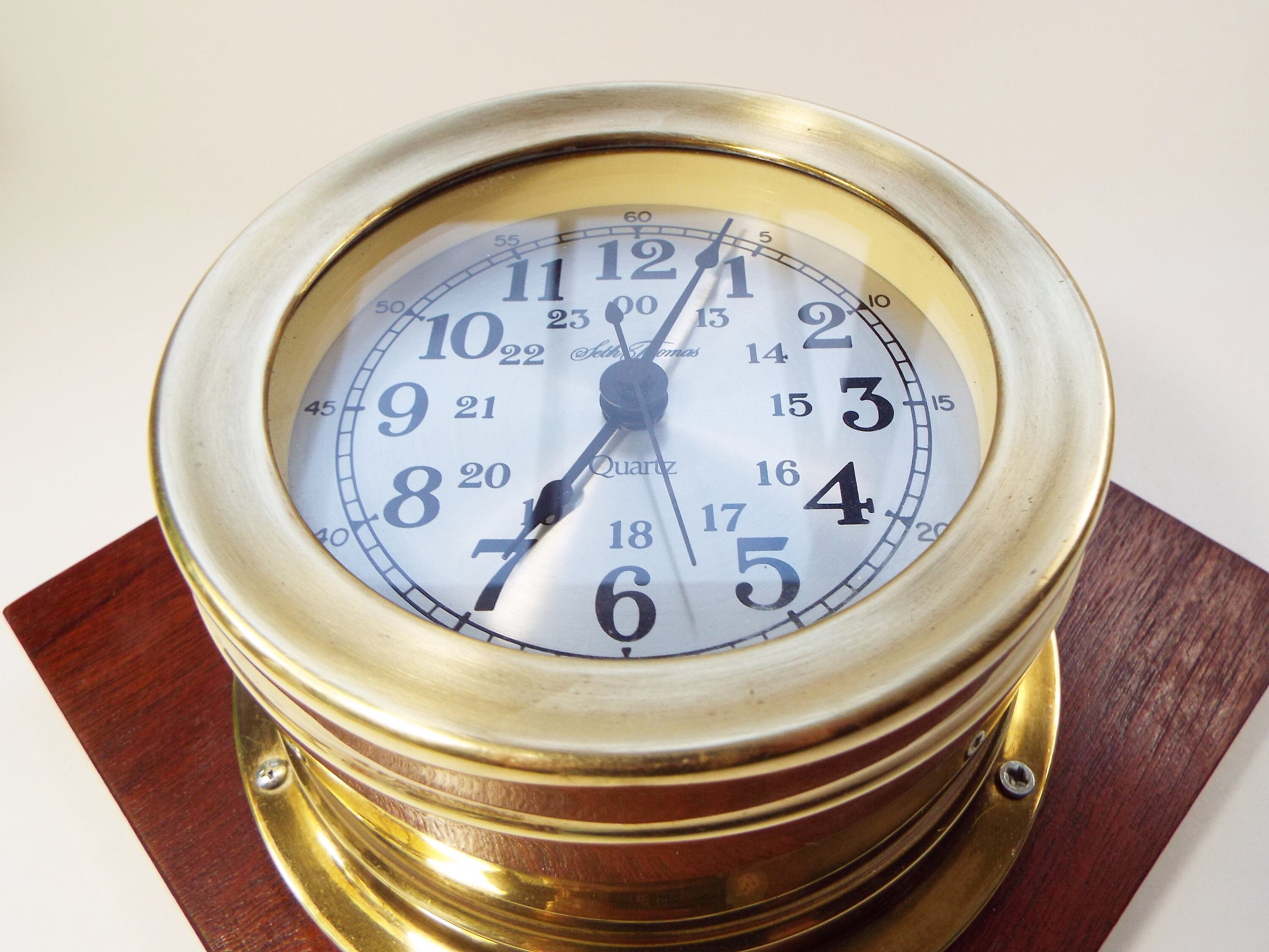 Vintage SETH THOMAS Brass Quartz Ship's Clock Mounted on Wood Works ...
