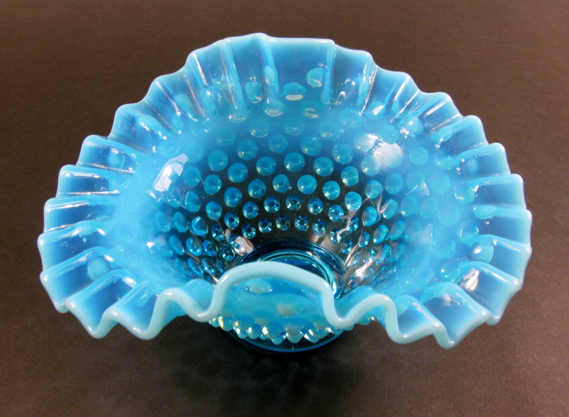 Fenton Blue Opalescent Hobnail Crimped Bowl - Etsy