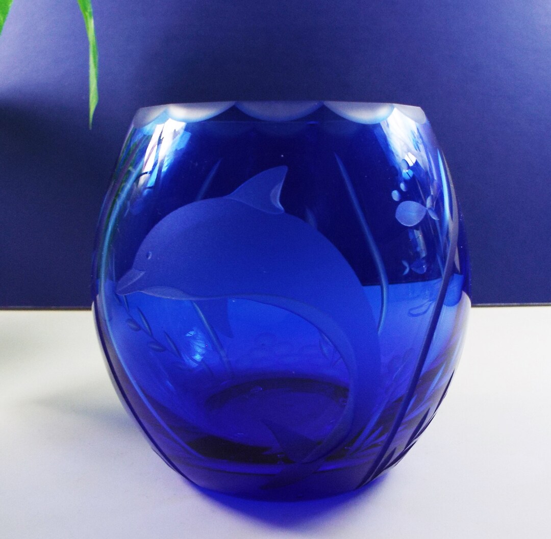 Wonderful Lenox Cobalt Blue Glass Dolphin Vase Cut and Etched Aquatic ...