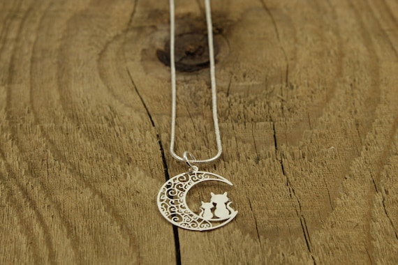 Cats necklace moon pendant cat lover gift cat fan silver | Etsy