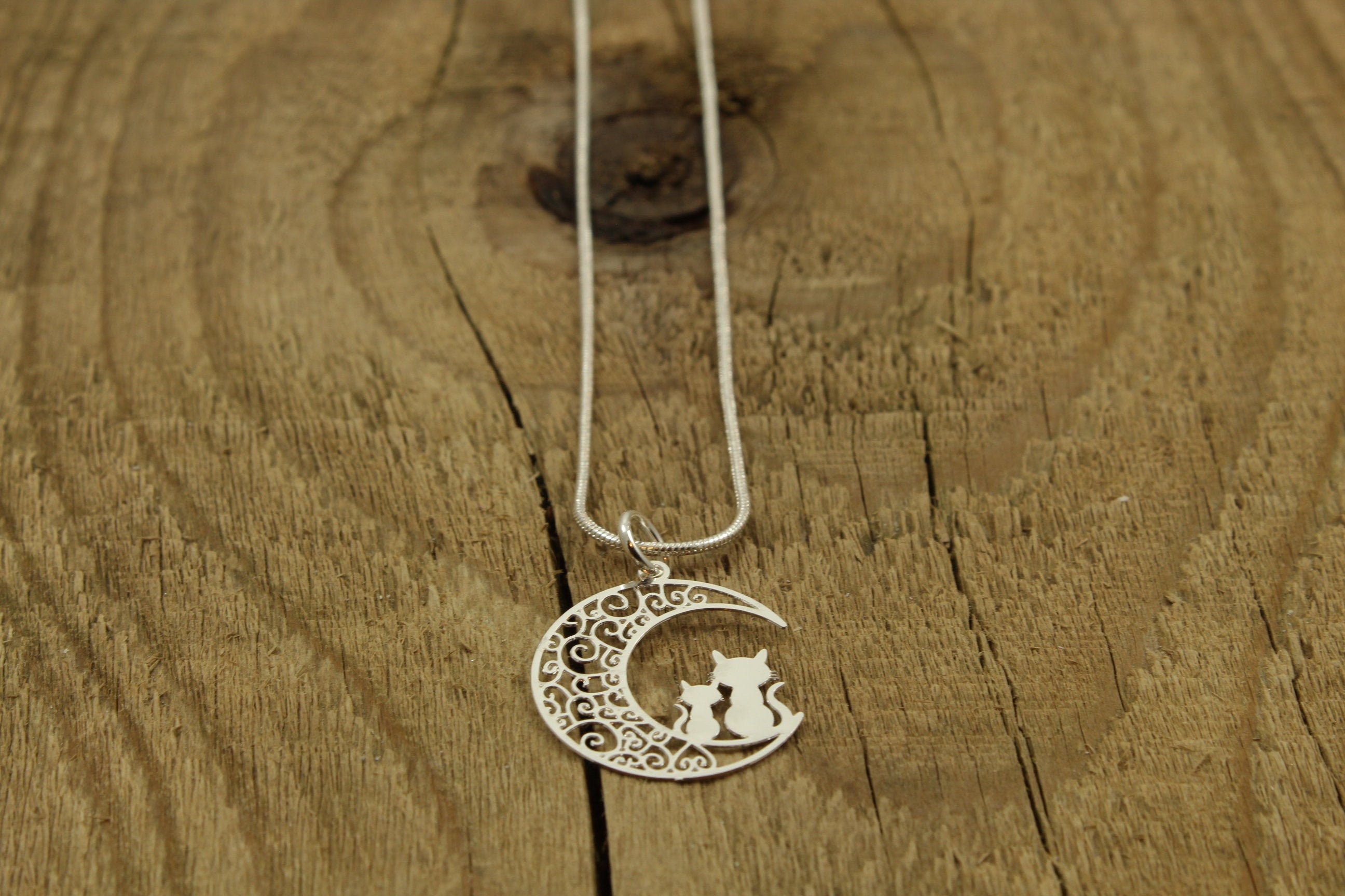 Cats Necklace, Moon Pendant, Cat Lover Gift, Cat Fan, Silver Cat ...