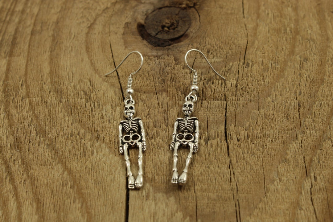 Skeleton Earrings, Silver Skeleton Charm Earrings, Skeleton Jewellery ...