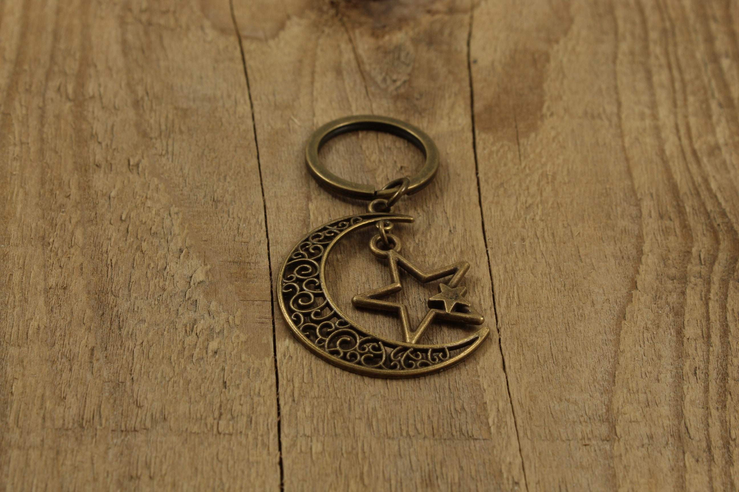 Bronze Moon Keyring, Moon Keychain, Moon Star Keyring, Moon and Star ...