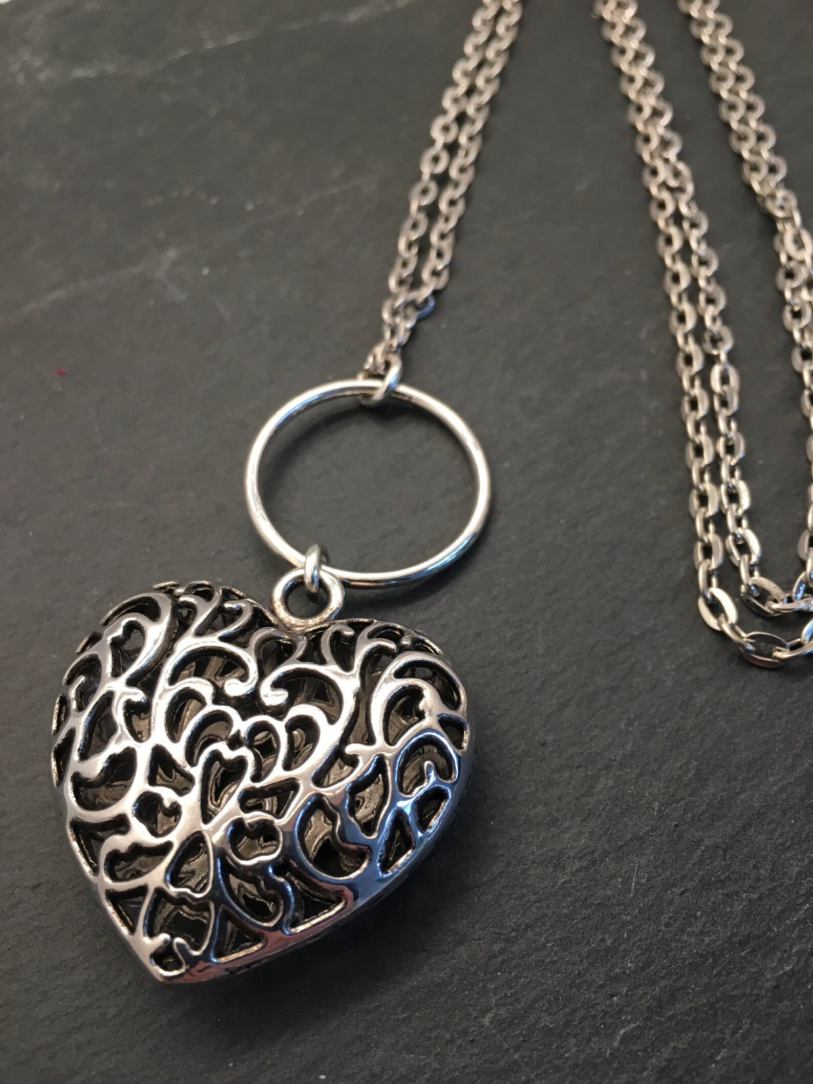 Long Heart Necklace 3d Heart Necklace Silver Puffed Heart | Etsy