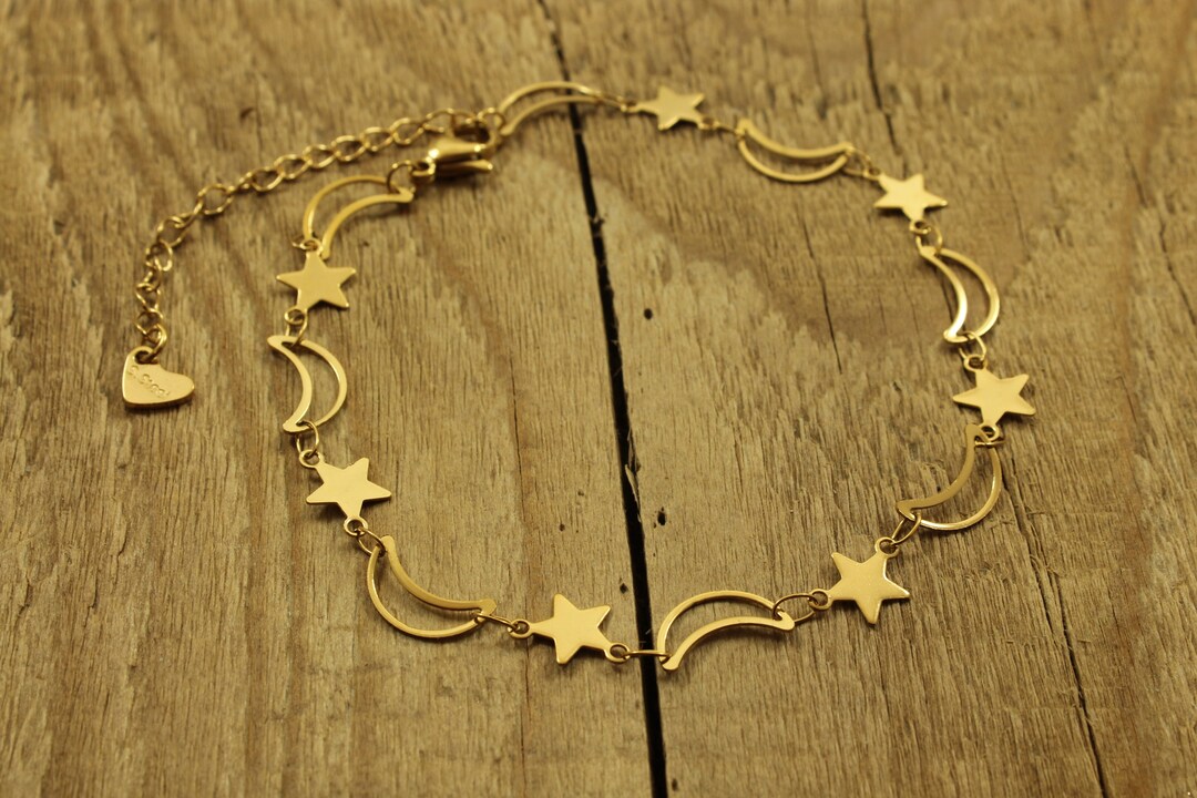 Gold Star and Moon Anklet, Gold Star Anklet, Gold Anklet, Stainless ...