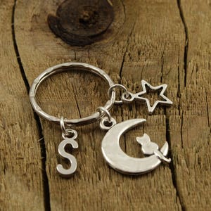 Moon Keyring, Cat Moon Keychain, Moon Cat Keyring, Personalised Keyring ...
