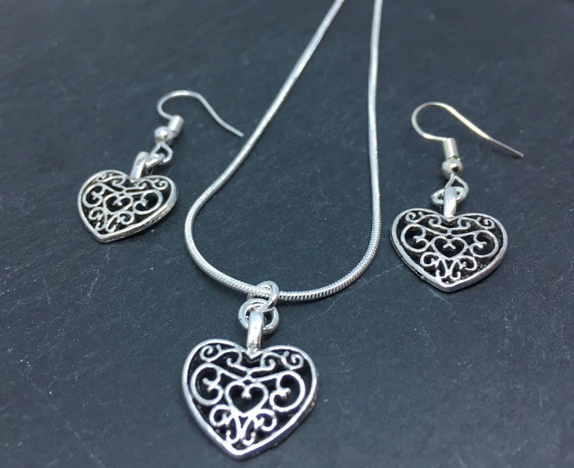 Silver Heart Necklace and Earring Set Heart Charm Pendant - Etsy UK