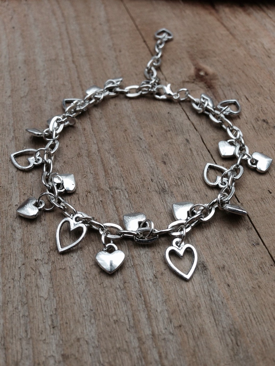Heart Charm Bracelet, Silver Heart Jewellery, Adjustable Heart Chain ...