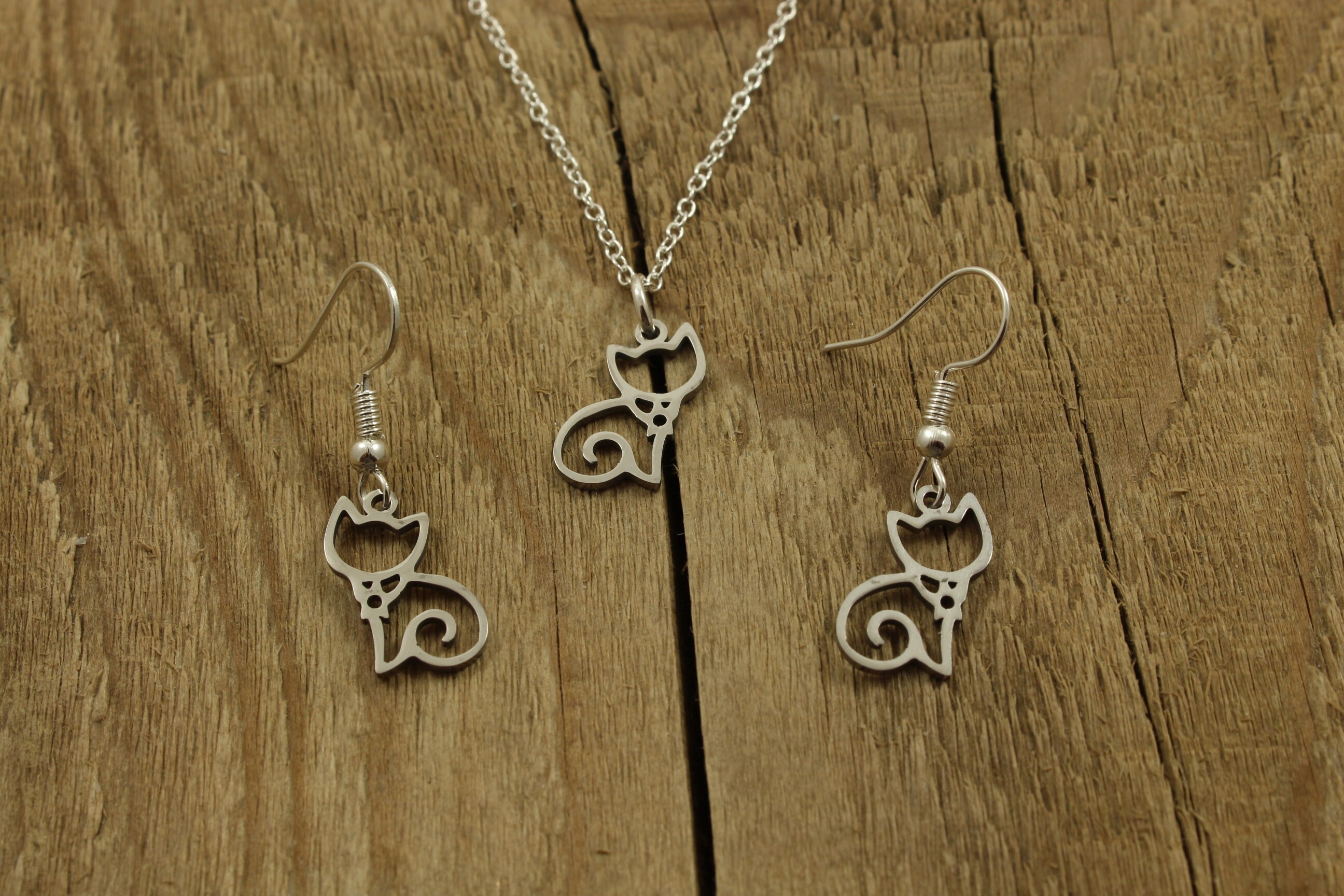 Silver cat necklace cat pendant cat earrings cat necklace | Etsy