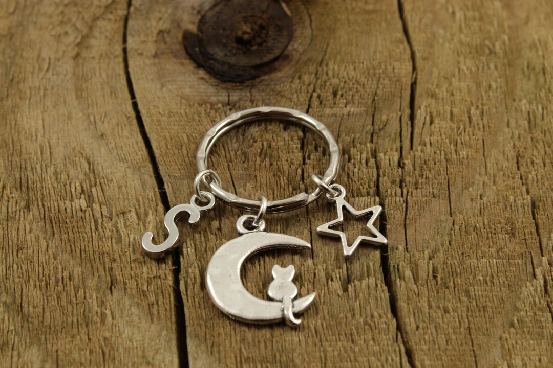 Moon Keyring, Cat Moon Keychain, Moon Cat Keyring, Personalised Keyring ...