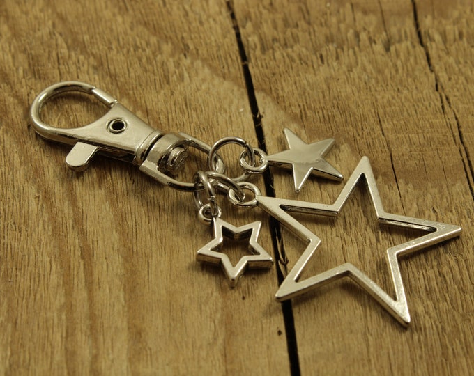 Silver Stars Bag Charm, Silver Star Keyring, Star Gift, Star Keychain ...