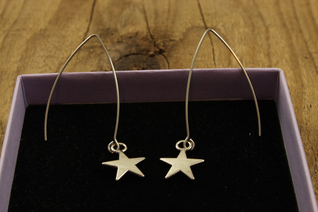 Silver Star Earrings, Dangly Star Earrings, Arched Wire Star Earrings ...