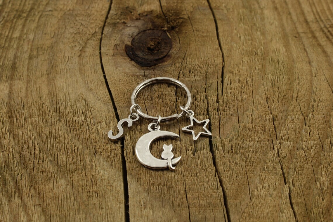 Moon Keyring, Cat Moon Keychain, Moon Cat Keyring, Personalised Keyring ...