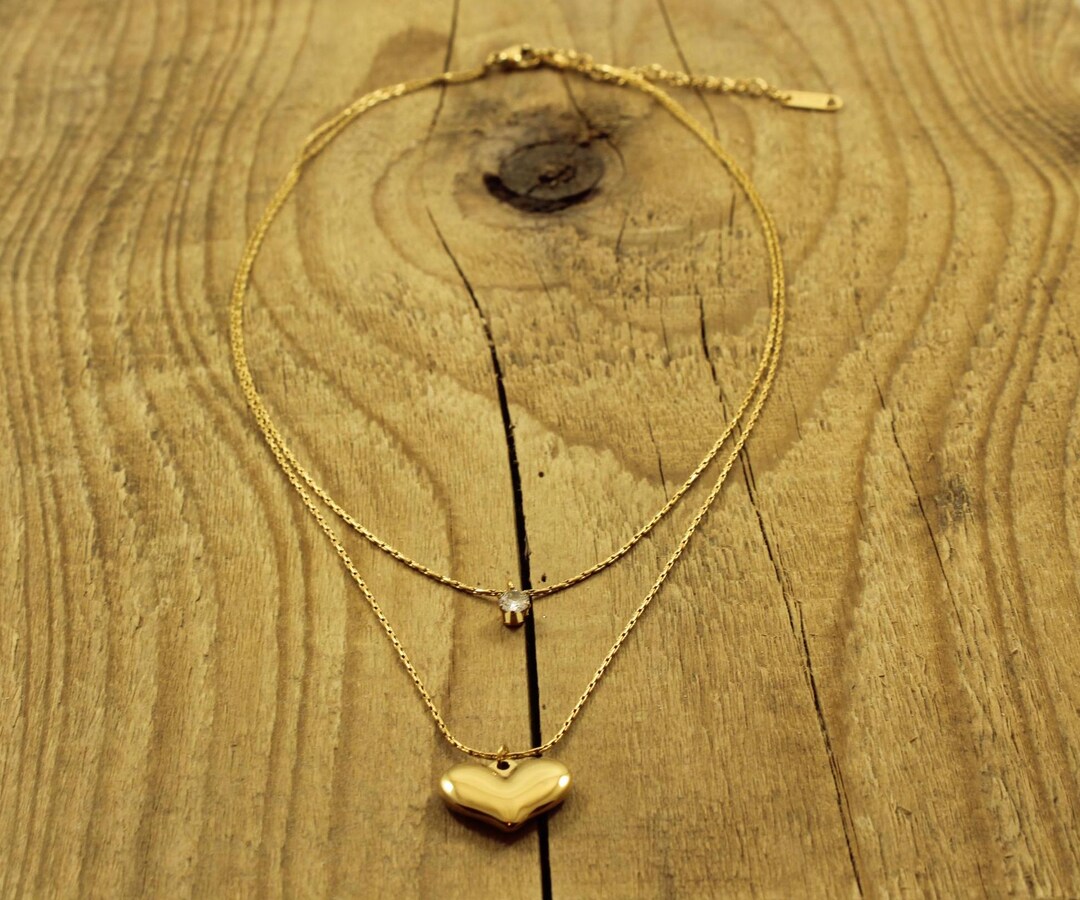 Gold Double Layer Heart Necklace, Gold Chain Necklace, Layered Necklace ...
