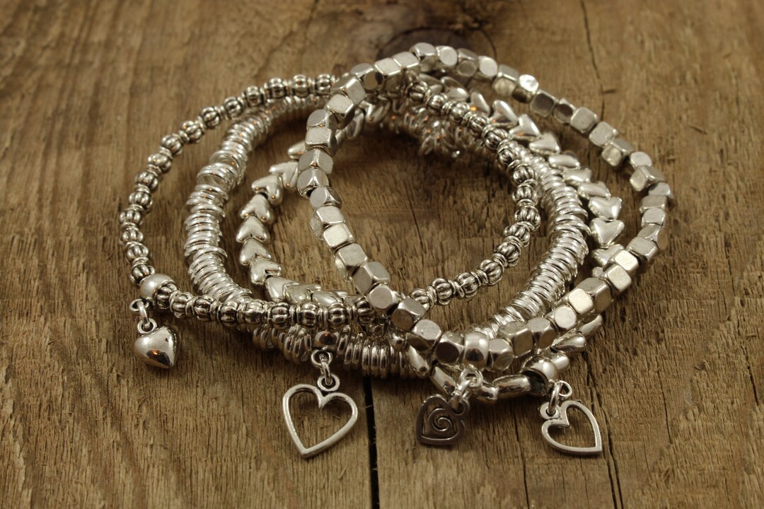 Silver Stacking Bracelet Set, Stretch Bead Bracelet, Set of 4 ...