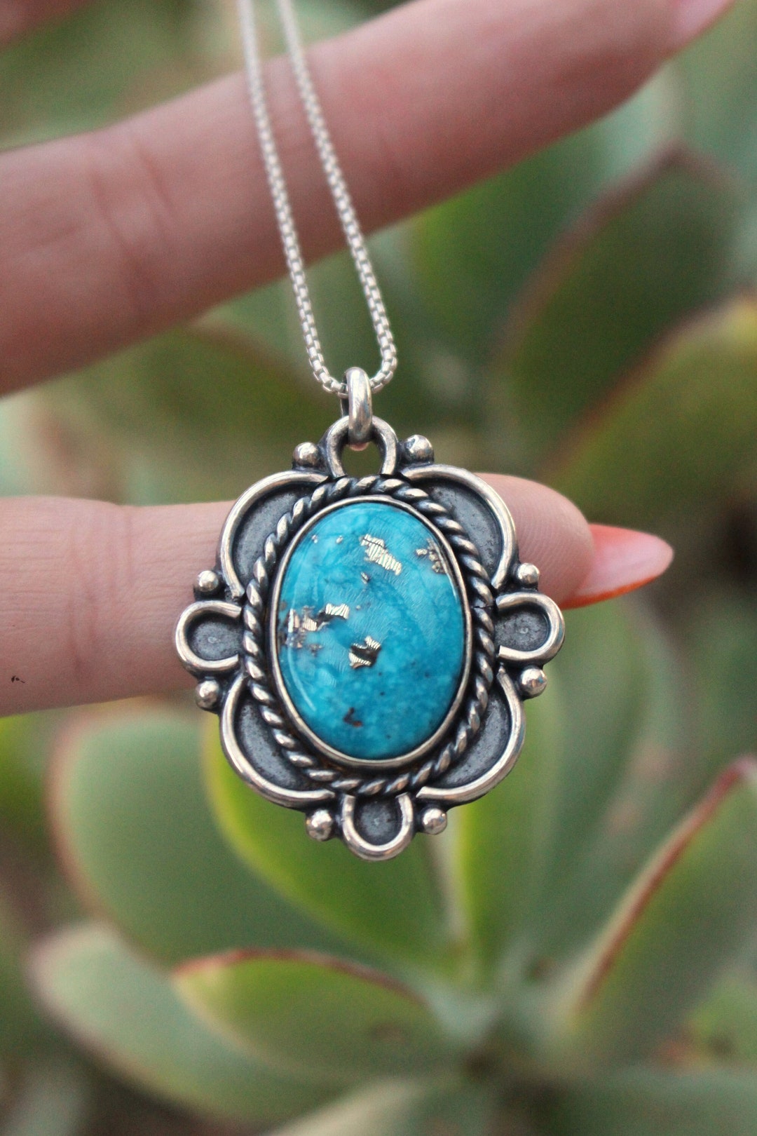 Genuine Pyrite Turquoise Sterling Silver Flower Necklace, Persian ...