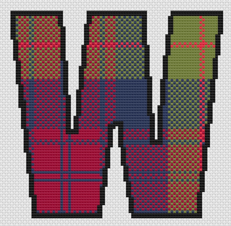 Cross Stitch Letter W Blue and Red Plaid Tartan Pattern, Instant ...