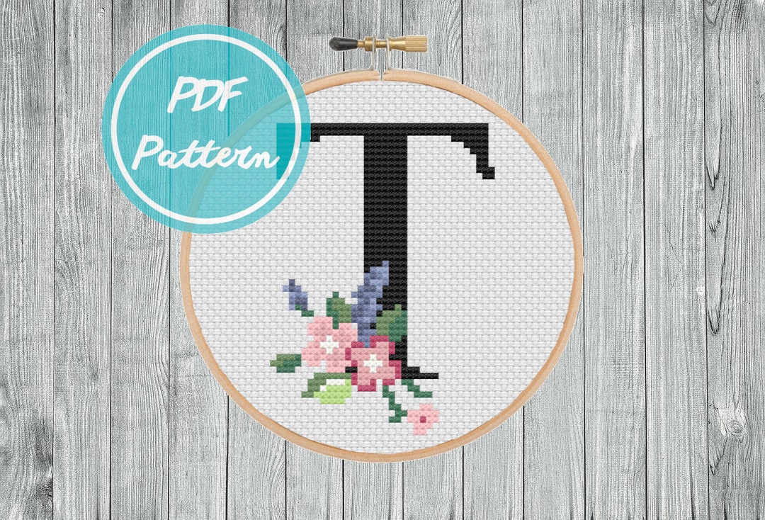 Letter 'T' Floral Monogram Cross Stitch PDF Pattern | Instant Digital ...