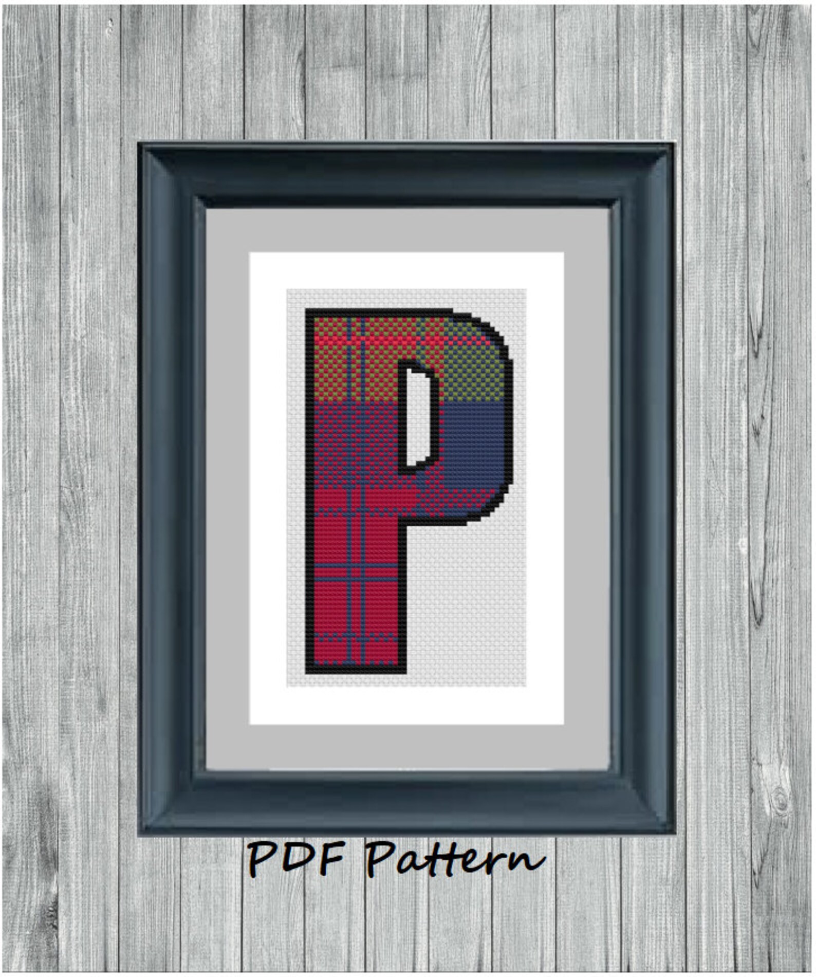 Cross Stitch Letter P Blue and Red Plaid Tartan Pattern, Instant ...