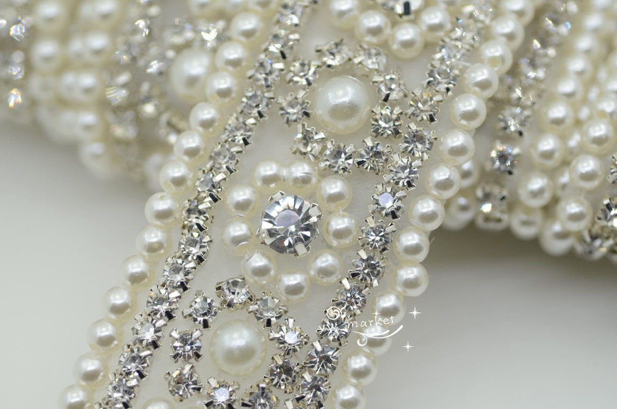 1 Yard Pearls crystal rhinestone beaded trim applique Iron On | Etsy