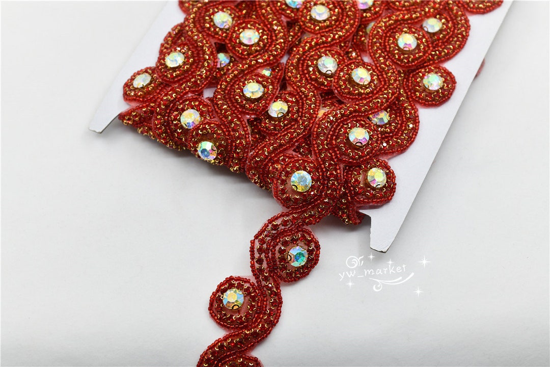 1 Yard Red Rhinestone Beaded Trim Applique Iron on Bridal Costume Sew ...