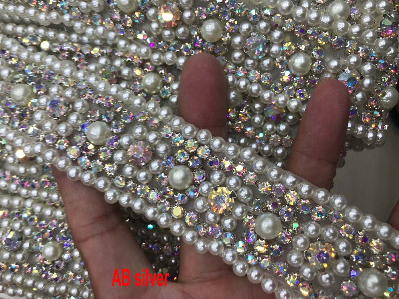 1 Yard Pearls Crystal Rhinestone Beaded Trim Applique Iron on Bridal ...