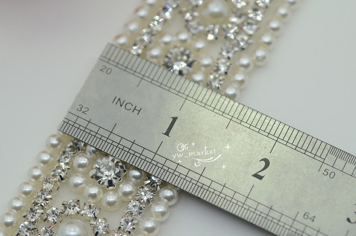 1 Yard Pearls Crystal Rhinestone Beaded Trim Applique Iron on Bridal ...